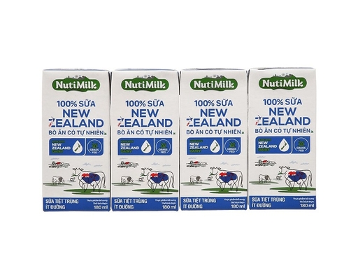 Lốc 4 Hộp Sữa Tiệt Trùng Nutimilk 100% Sữa Newzealand Ít Đường 180ml