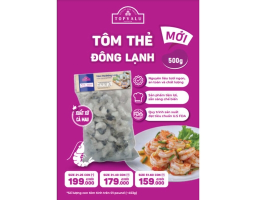 Tôm thẻ đông lạnh Topvalu size 21 - 25 gói 500g giá tốt Tháng 10/2025