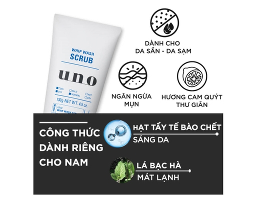 Sữa Rửa Mặt Uno Cho Nam Dạng Hạt Sáng Da Whip Wash Scrub 130g